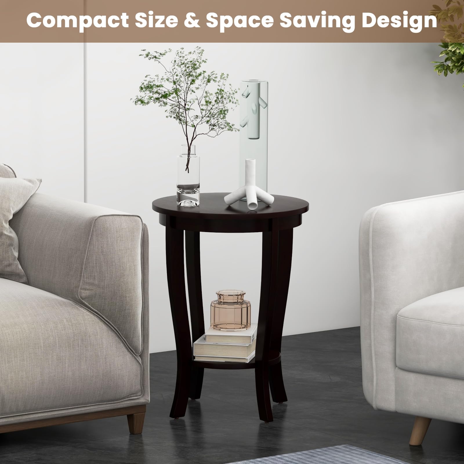 GOFLAME 2-Tier Round End Table, 18β Sofa Side Table with Storage Shelf, Floor Tea Table with Solid Wood Legs, Compact Nightstand for Small Space, Living Room, Bedroom, Espresso
