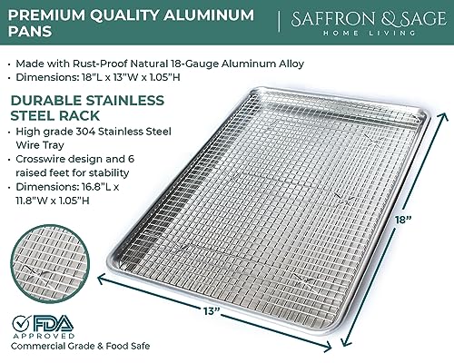 Commercial Quality Cookie Sheet and Rack - Aluminum Half Sheet Baking Pan and Stainless Steel Cooling Rack Set - This 13x18 Baking & Roasting Tray is Rust & Warp Resistant, Heavy Duty, of Thick Gauge
