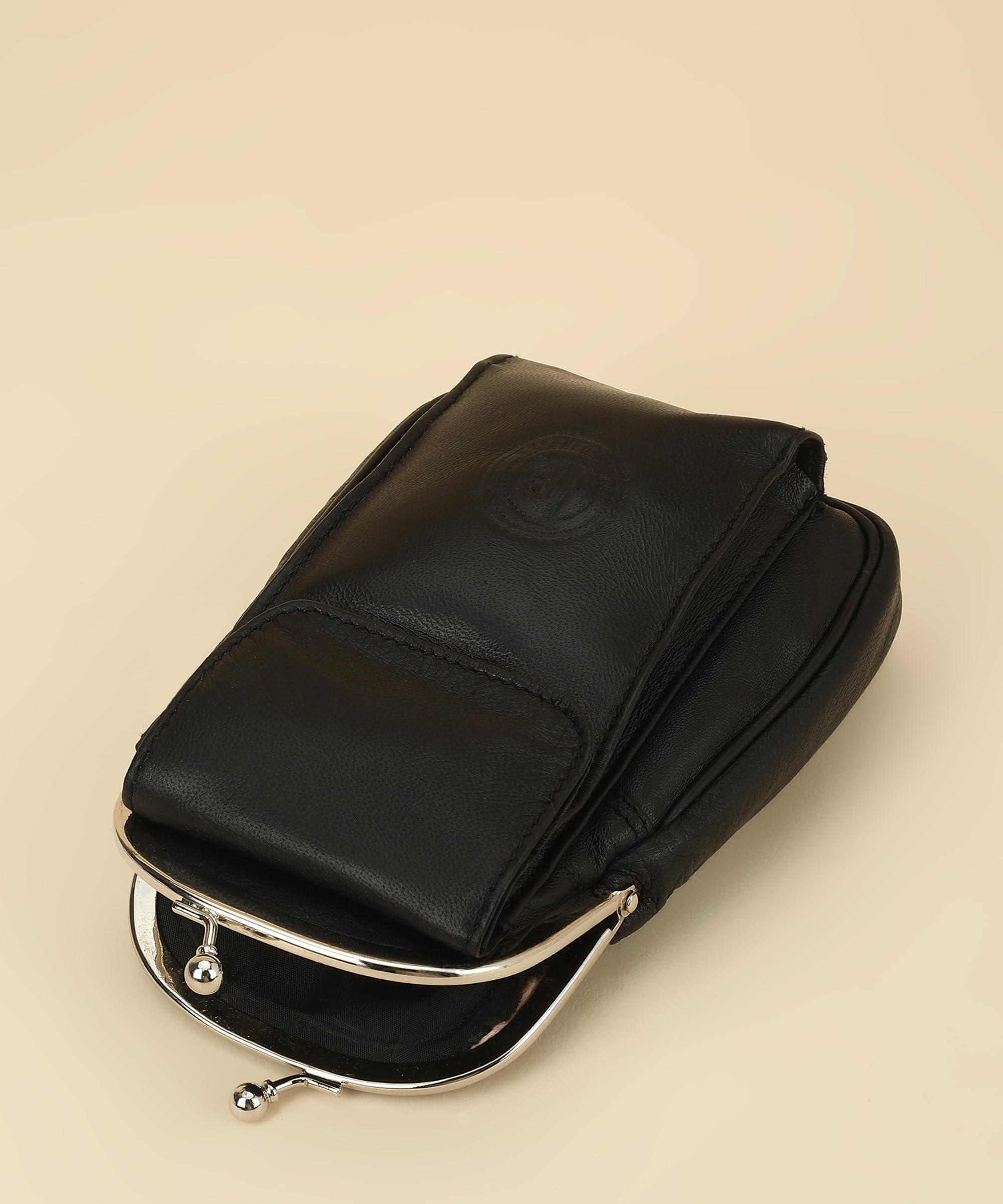Leatherboss Leather Kiss Lock Pick-me-up Large Cigarette Money Make Up Holder Purse with Phone Case Black