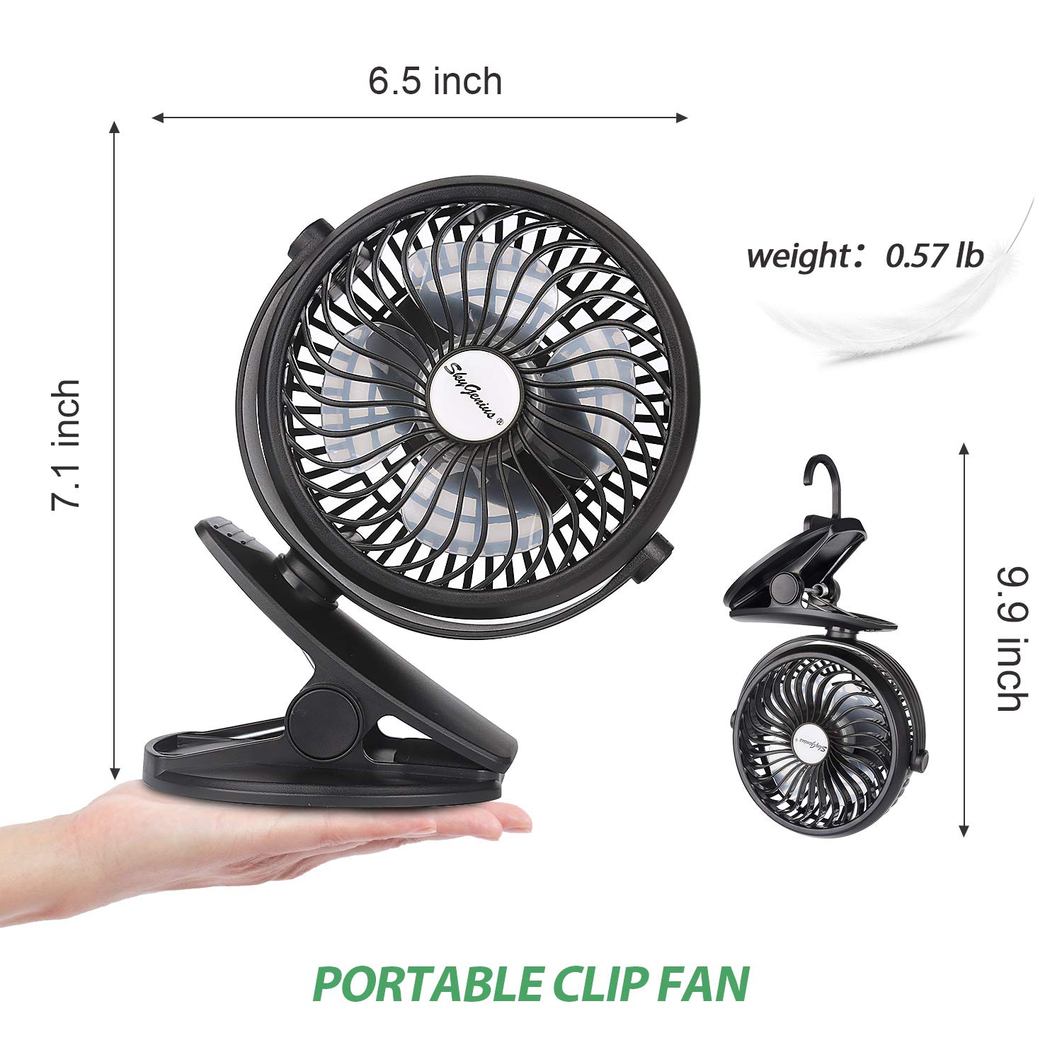 SkyGenius Battery Operated Clip on Stroller Fan, Portable Mini Desk Fan Rechargeable(Black)…