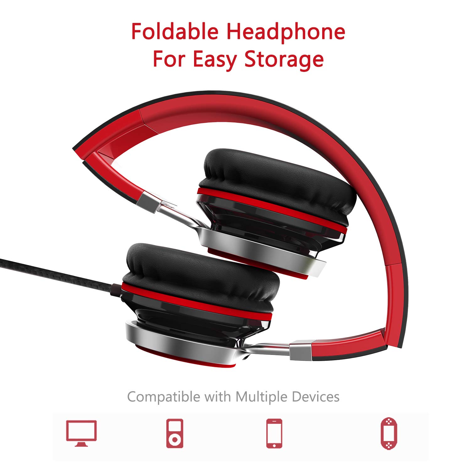 ELECDER i39 Headphones with Microphone Foldable Lightweight Adjustable On Ear Headsets with 3.5mm Jack for Cellphones Computer MP3/4 Kindle School Red/Black