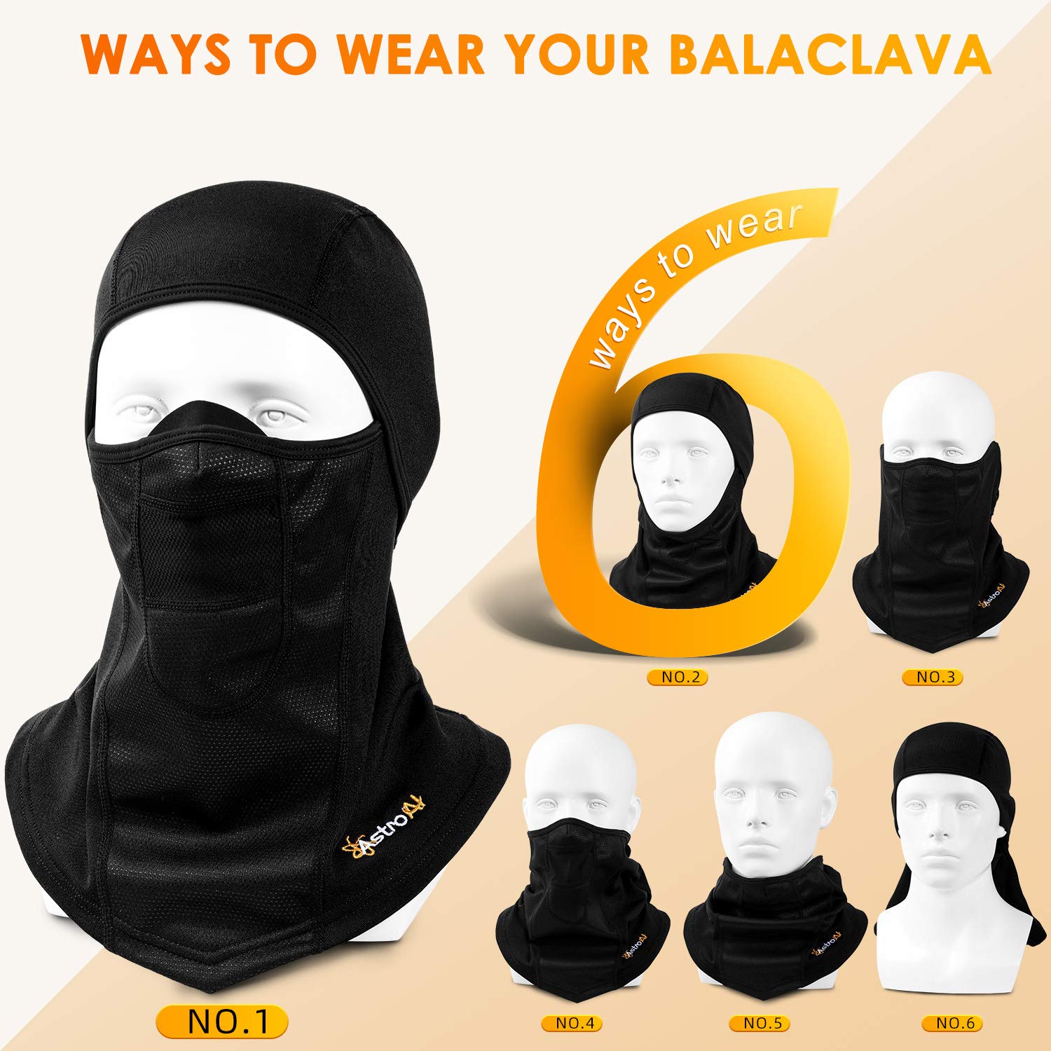 AstroAI Ski Mask Windproof Balaclava for Cold Weather, Winter Face Mask Breathable Stretchable for Skiing, Snowboarding, Black