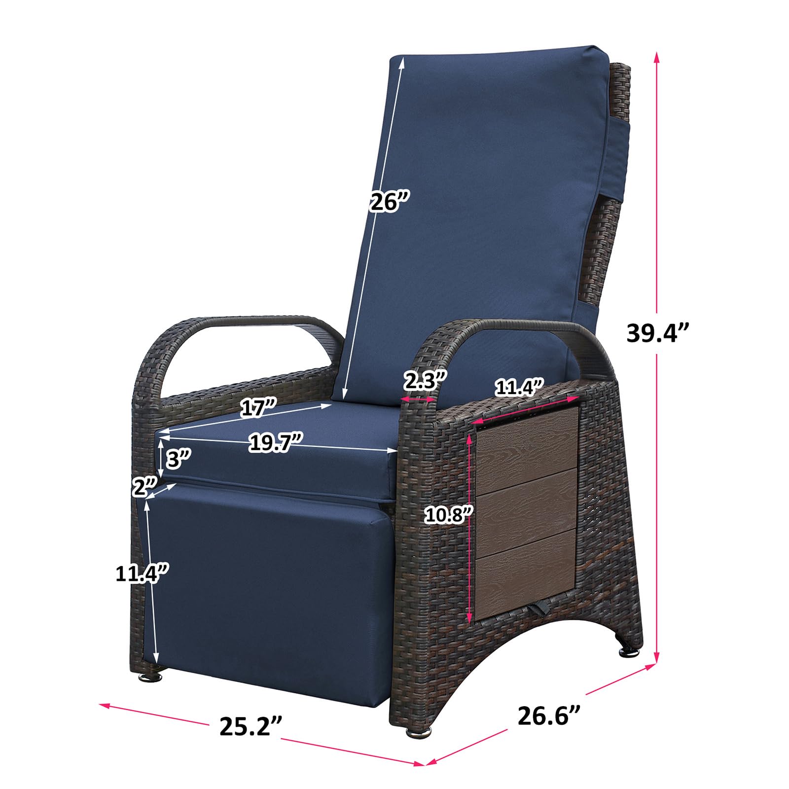 cinkehome Outdoor Recliner Chair, Independently Adjustable Backrest and Footrest, Patio Reclining Chairs, Hand-Woven Wicker Recliner Chairs with Flip Table, Removable Cushion