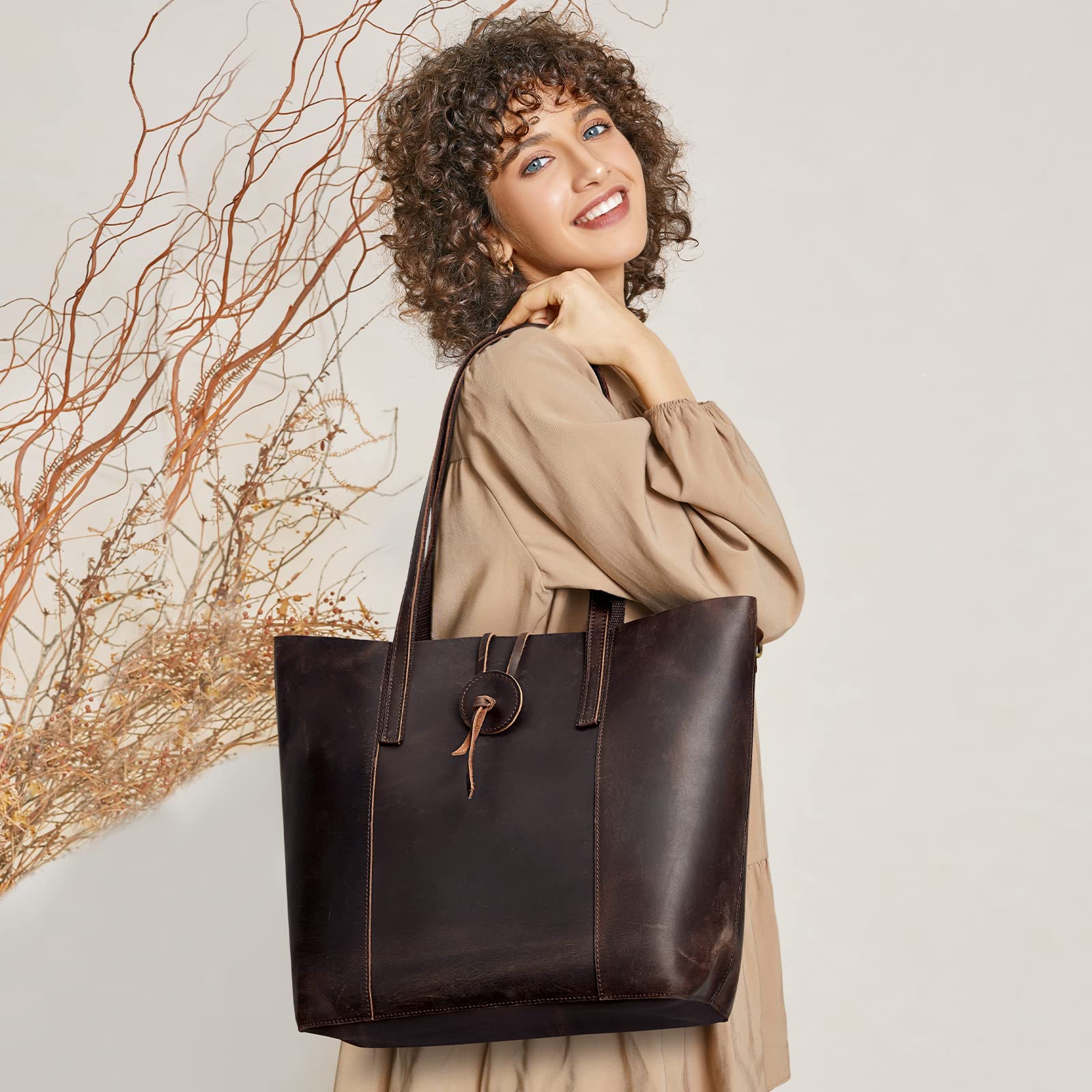 S-ZONE Vintage Genuine Leather Tote Bag for Women Large Shoulder Purse Handbag with Clutch Bag
