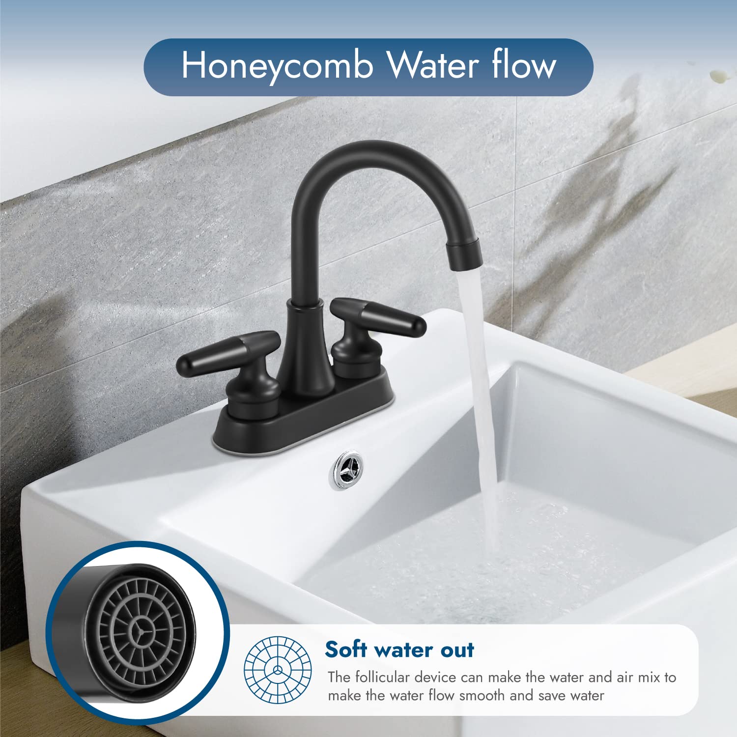 Cinwiny Bathroom Sink Faucet 4 Inch 2 Handle Lavatory Bathroom Vanity Faucets 360 Degree Swivel Spout Modern Deck Mount RV Bathroom Sink Faucet with Pop up Drain,Matte Black