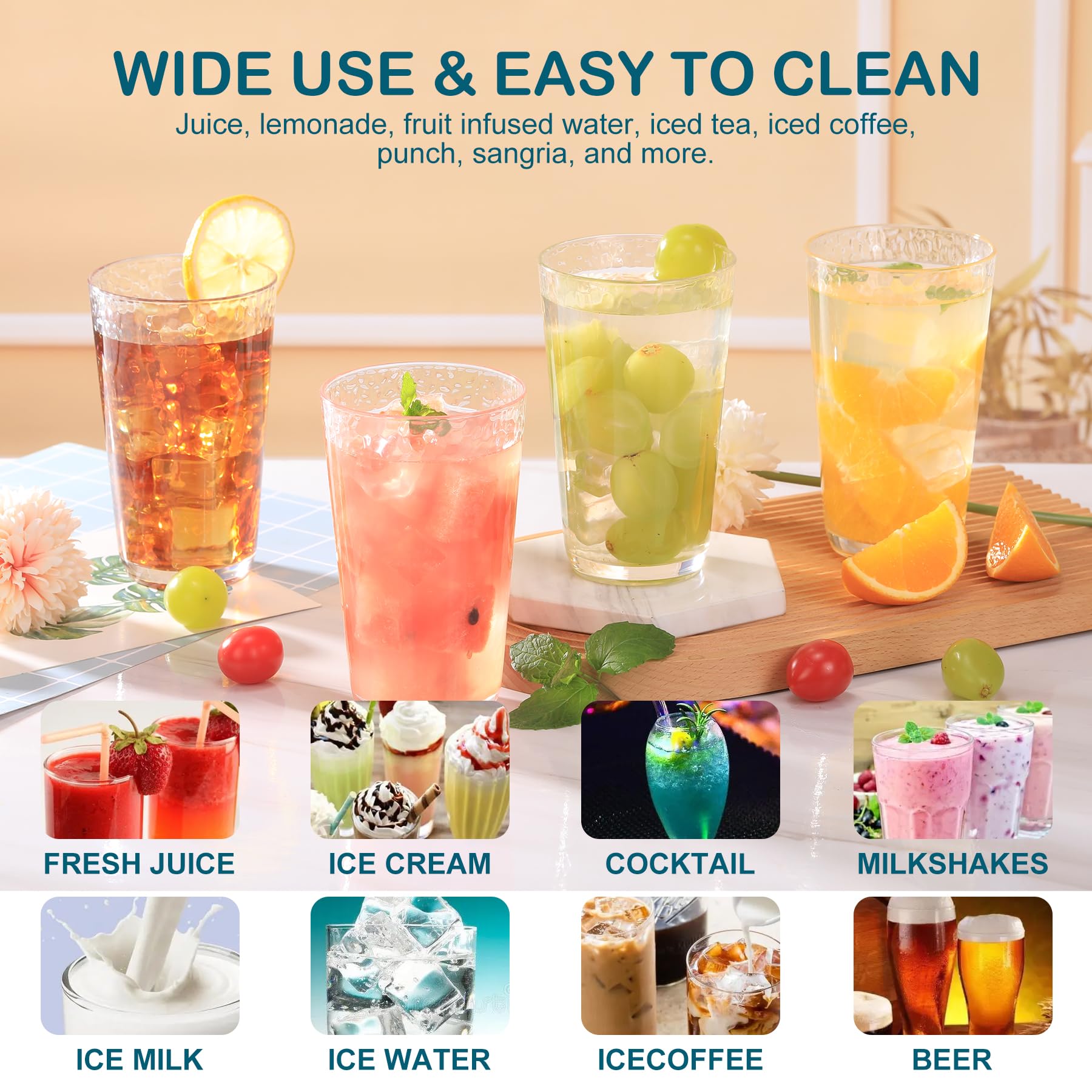 CiWiVOKi Plastic Drinking Glasses (Set of 16), 17oz Plastic Tumblers, Acrylic Glasses Drinkware, Reusable Plastic Cups for kitchen, Stackable, BPA-Free, Dishwasher-Safe, Clear