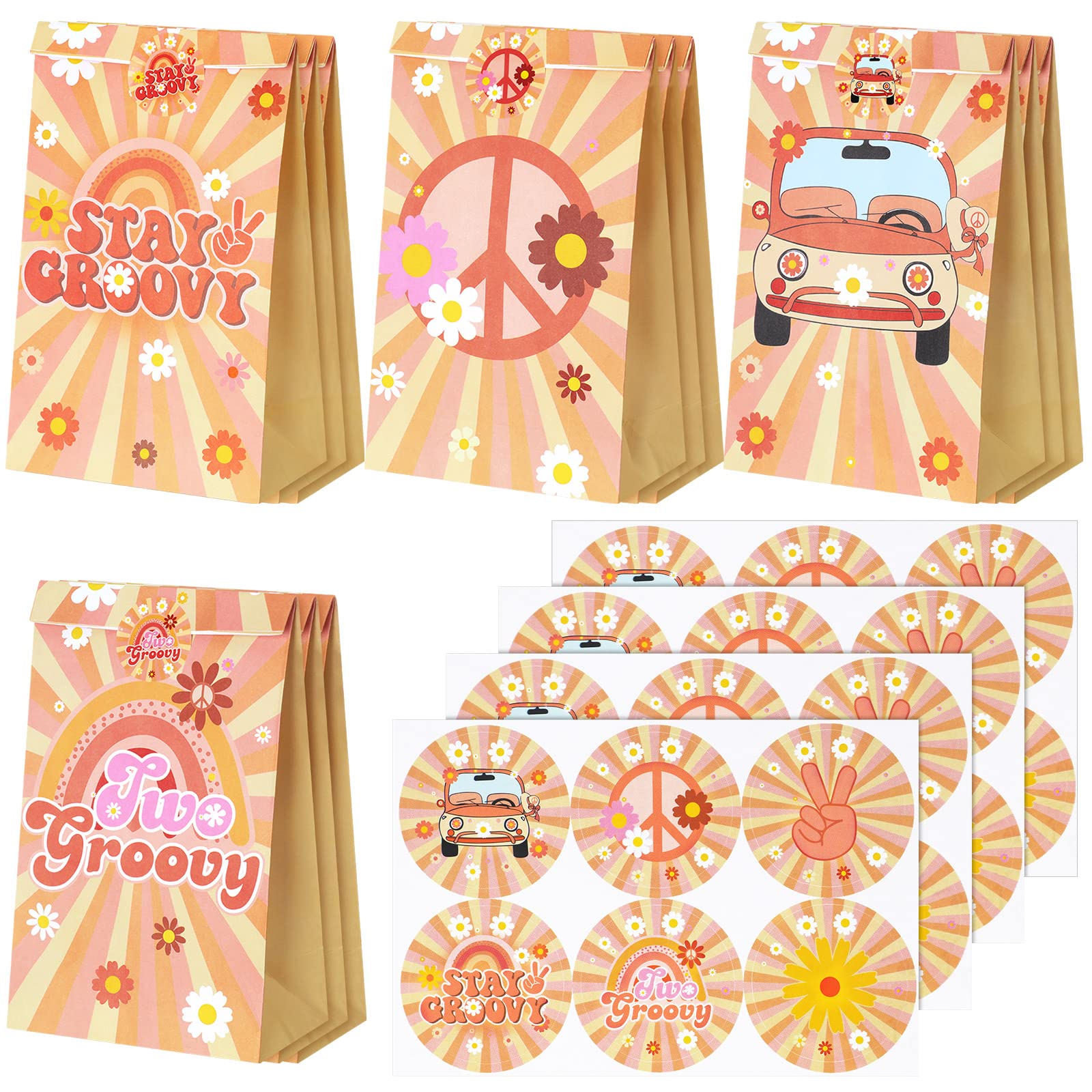 Tudomro 36 Pcs Two Groovy Boho Hippie Party Favors Bags with Stickers Two Groovy Party Decorations for Birthday Baby Shower Party Supplies