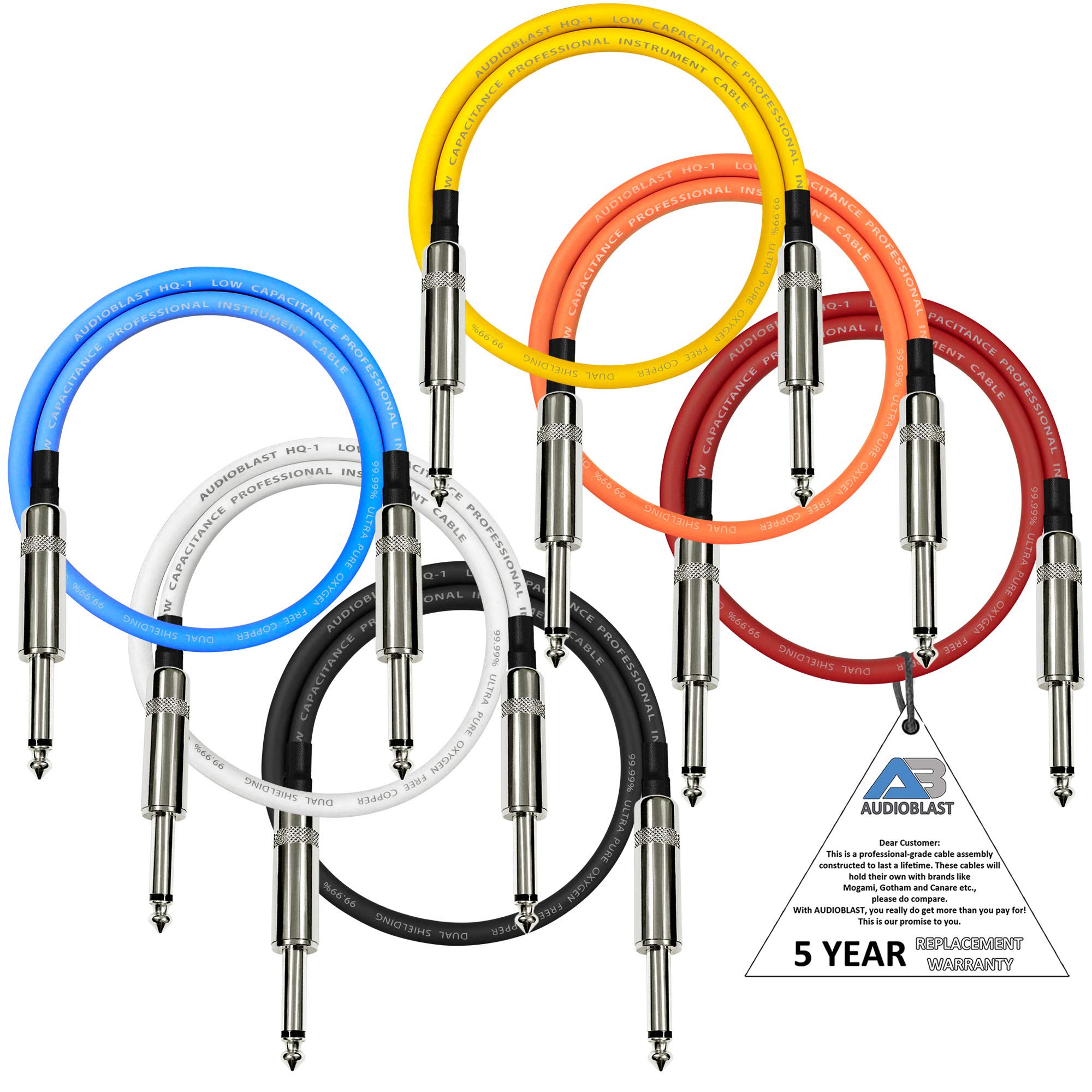 Audioblast - 6 Units (Multi Color) - 1.5 Foot - HQ-1 - Ultra Flexible - Dual Shielded (100%) - Guitar Instrument Effects Pedal Patch Cable w/Eminence Straight ¼ inch (6.35mm) TS Plugs & Quad Boots