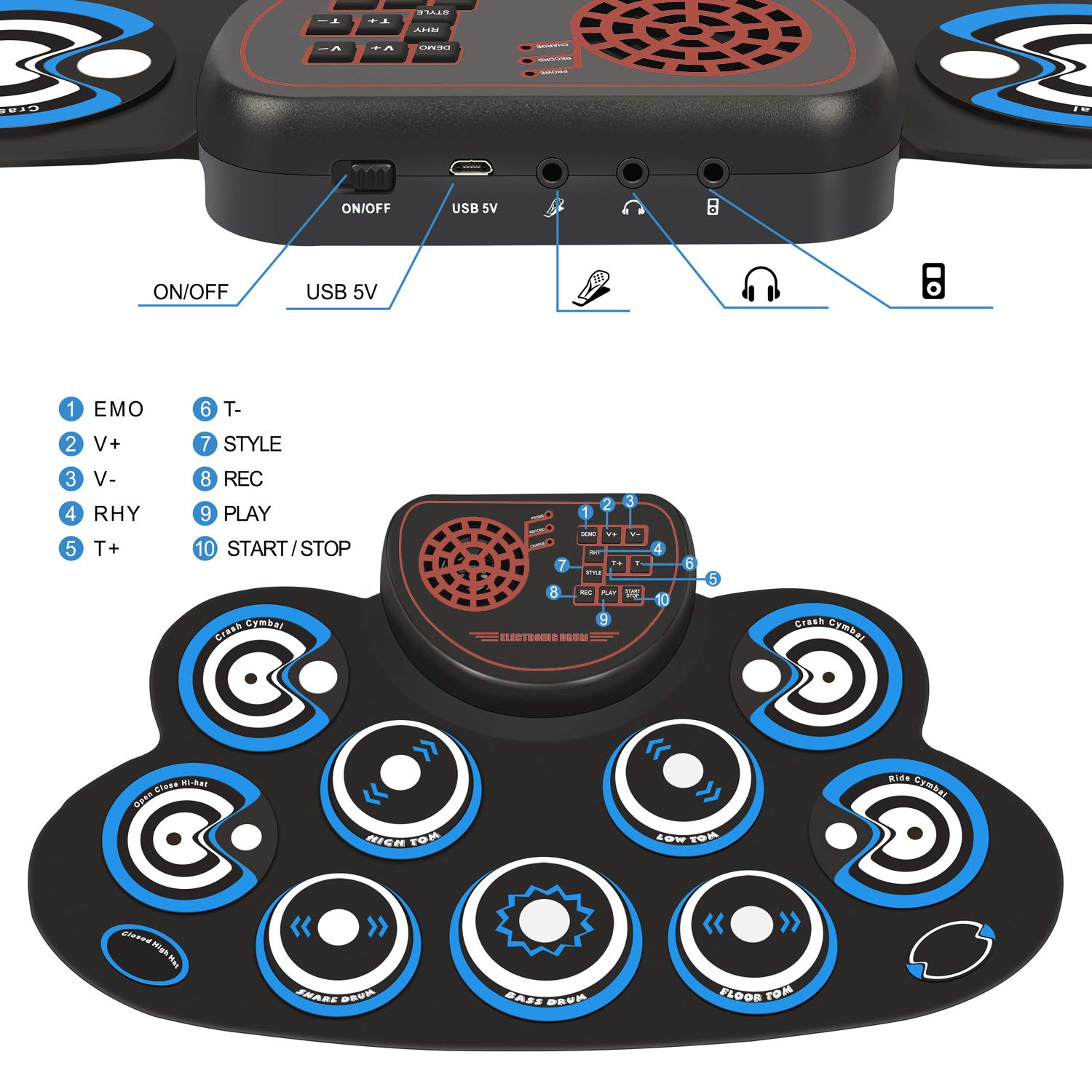 Electronic Drum Set Kids Foldable Practice Drum Pad Rechargeable Drum Kit, Built in Speakers Foot Pedals,Drum Sticks, Birthday Gift for Beginners (Blue)
