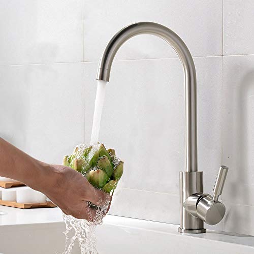 Comllen Brushed Nickel Single Hole Bar Sink Faucet, Modern Stainless Steel Single Handle Bar Faucet Brushed Nickel, 360 Degree Swivel Hot and Cold Outdoor Kitchen Sink Faucet