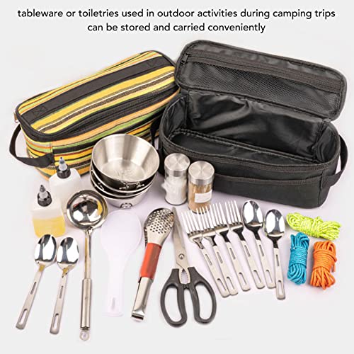 Camping Utensil Bag, Multipurpose Thickened Canvas Net Pocket Cover Green Stripe Camping Tableware Storage Bag for Travel
