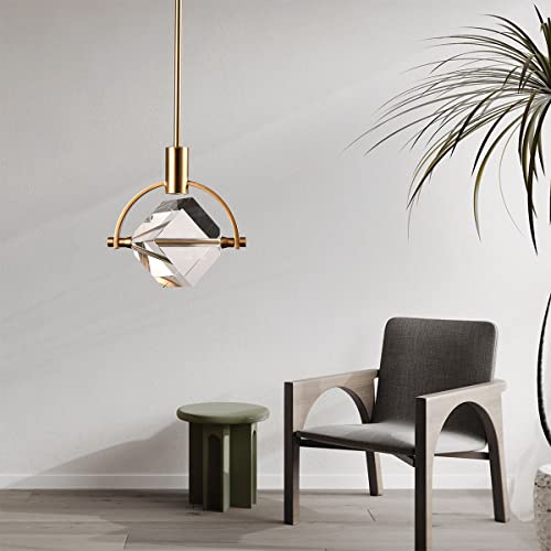 Camastar Brass Pendant Light, Cube Crystal Pendant Light Fixture for Kitchen Island, Modern Small Pendant Ceiling Dimmable Light for Dining Room, Vanity Pendant Haging Light for Bedroom