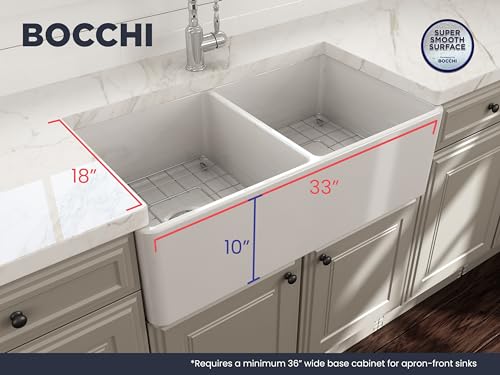 BOCCHI Classico Farmhouse Apron Front Fireclay 33 in. Double Bowl Kitchen Sink with Protective Bottom Grid and Strainer in White