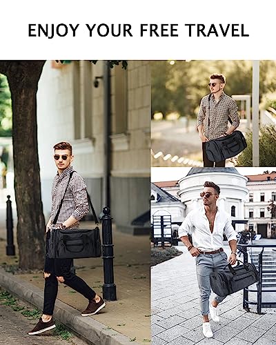 Canvas Duffle Bag Mens with Shoes Compartment,(50L/55L)Travel Bag for Men Adjustable Capacity Weekend Overnight Bag Carry on Bag Hospital Holdalls (Black)