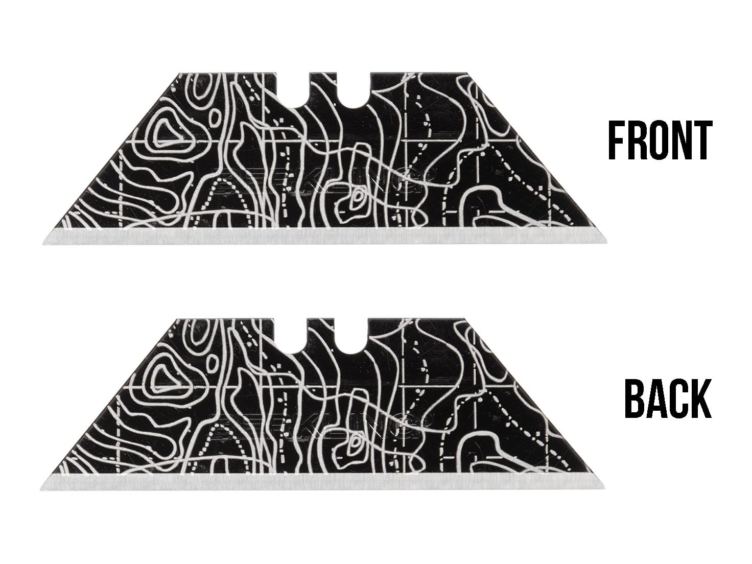NDZ Performance Steel Blade Replacement for Utility Knife & Box Cutters, Custom Razor Blade, Double Sided Laser Engraved Designs, Black - Topographic Map, Three Pack
