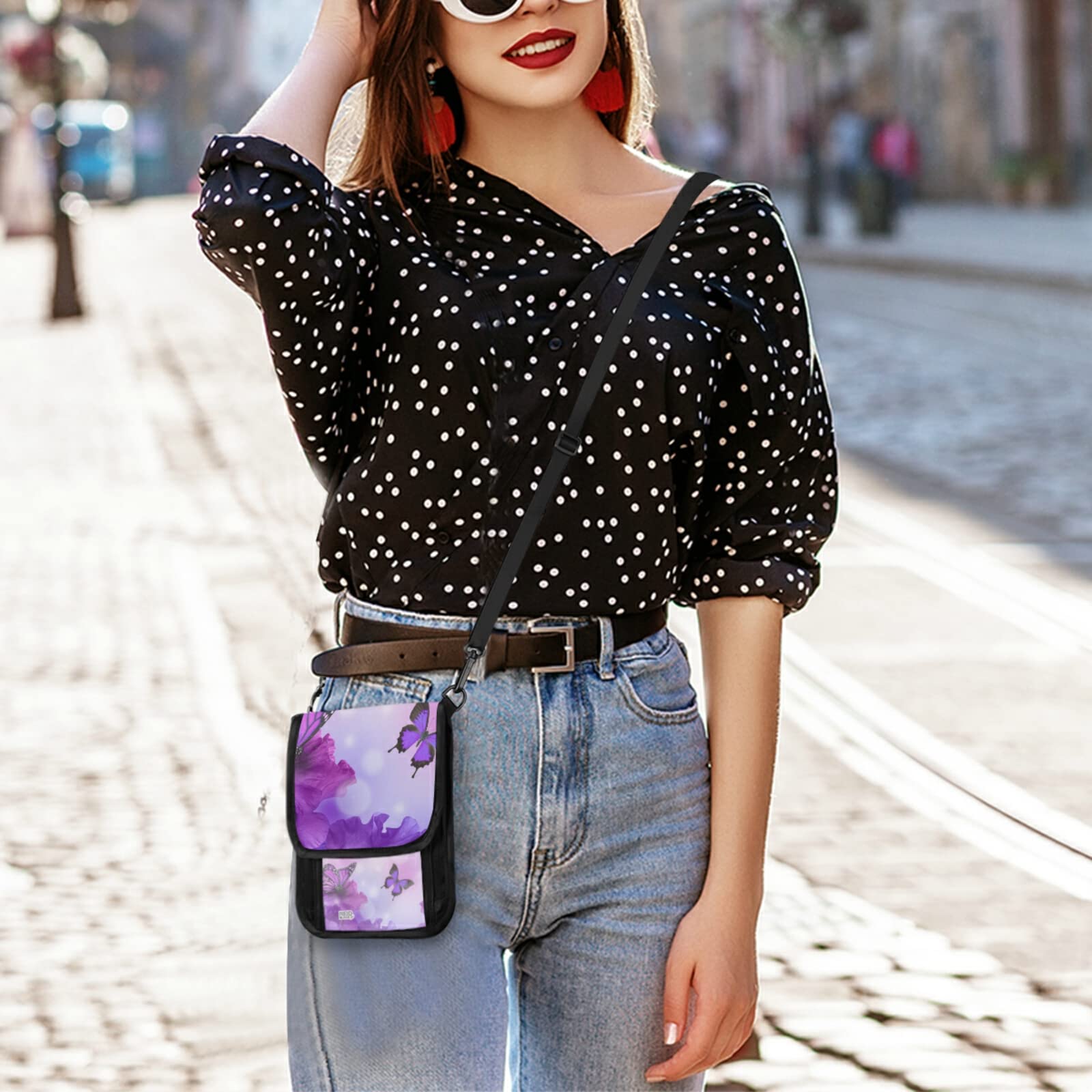 Women Small Crossbody Bag Purple Butterfly for Cellphone Purse Wallet with Card Slots Removable Strap(226na7a)