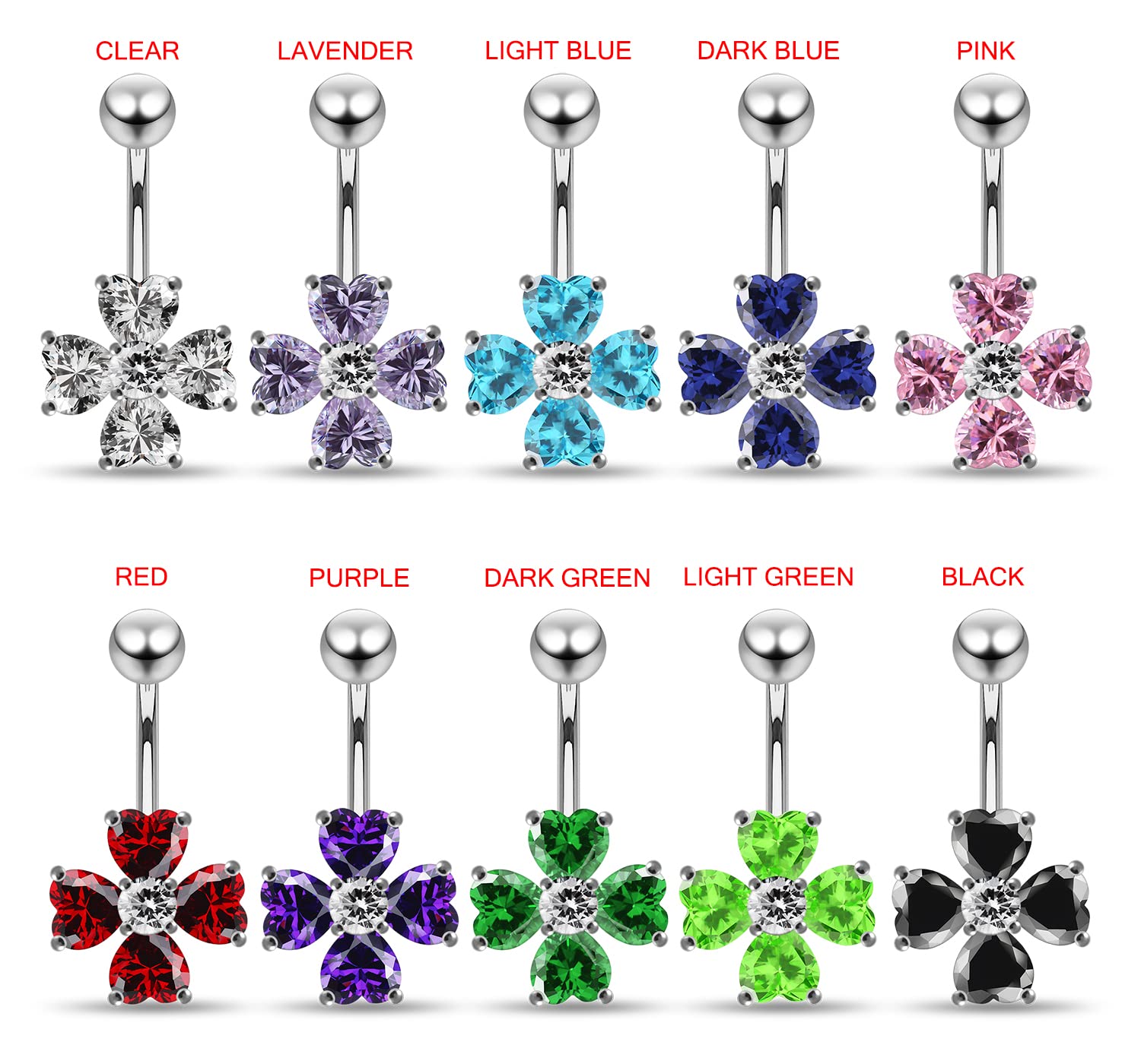 AtoZ Piercing Dark Green Gemstone Fancy Clover Flower 925 Sterling Silver with Stainless Steel Belly Button Rings