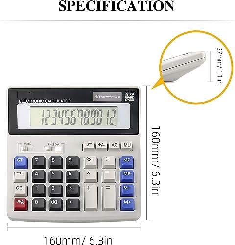 Calculator, Calculators Large Display and Buttons, Solar Battery Dual Power, Big Button 12 Digit Large LCD Display (White)