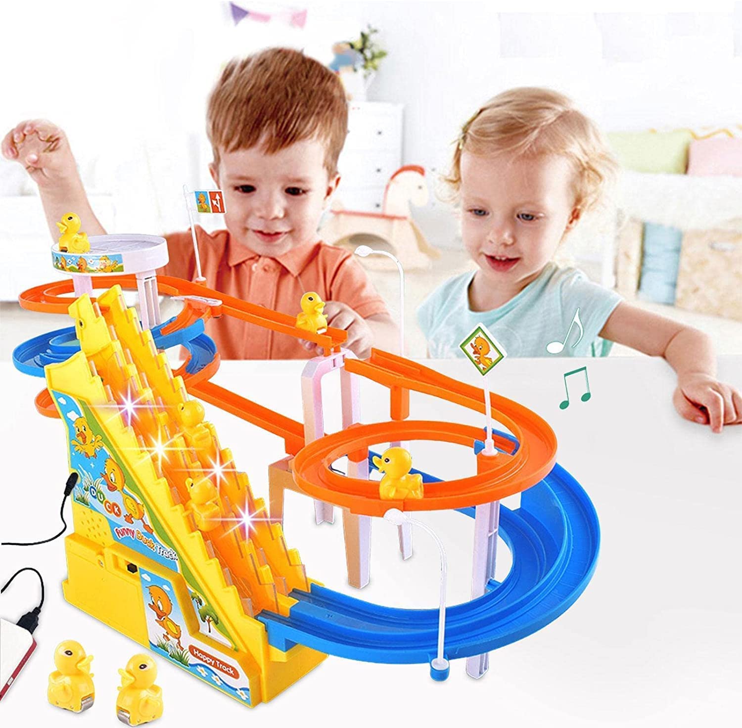 Small Ducks Climbing Toys, Electric Ducks Chasing Race Track Game Set, Playful Roller Coaster Toy with 8 Duck LED Flashing Lights & Music Button, Fun Duck Stair Climbing Toy for Toddlers and Kids (C)