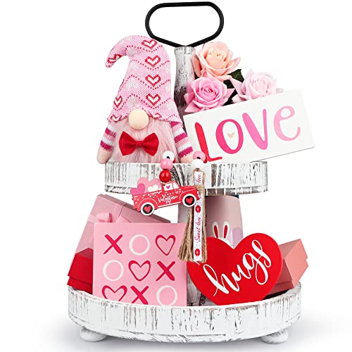 Boribim Valentines Day Decor - Valentines Day Tiered Tray Decor, XO Love Hugs Wooden Signs Cute Gnomes Plush with Bead Garland - Farmhouse Rustic Tiered Tray Items Decorations for Home Room Table