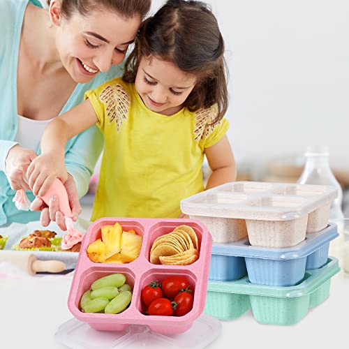 buluker 4 Pack Bento Snack Containers Set， 4 Compartment Food Storage Containers Wheat Straw Meal Prep Lunch Box Plastic Food Storage Containers, Microwave and Dishwasher Safe (4colour)