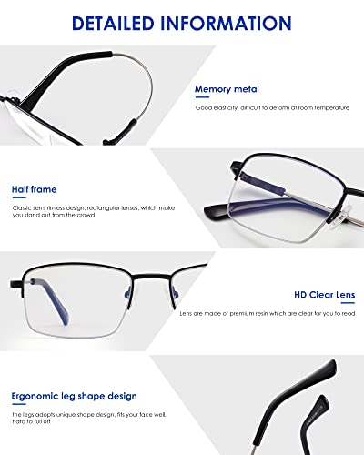 FEIVSN Progressive Multifocus Reading Glasses Blue Light Blocking, Multifocal Readers for Men Women Trifocal Lightweight Eyewear Half Metal Frame Titanium Alloy (3 Pack: Black+Gun+Silver, 2.00)