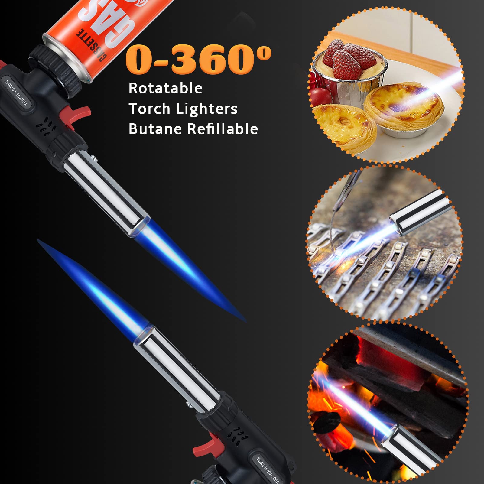 Butane Torch Kitchen Blow Lighter, Upgrade Culinary Torches Head with Stabilizing Stand, Professional Adjustable Flame for Creme Brulee,Baking,BBQ (Fits ALL Butane Tanks - Butane Fuel Not Included)