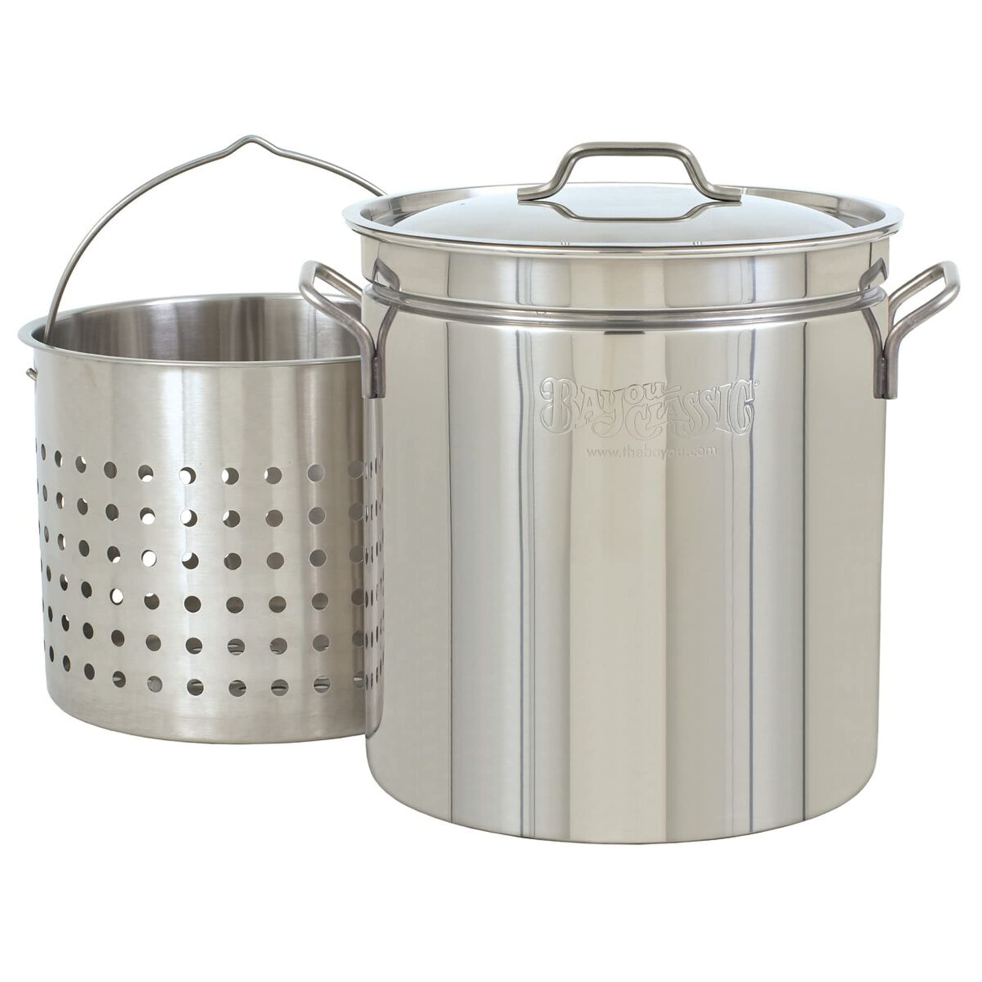 Bayou Classic 1160 62-qt Stainless Stockpot w/Stainless Perforated Basket Features Heavy Welded Loop Handles Domed Vented Lid Perfect For Steaming Boiling Canning and Preserving