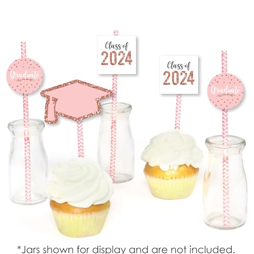 Big Dot of Happiness Rose Gold Grad - Paper Straw Decor - 2024 Graduation Party Striped Decorative Straws - Set of 24