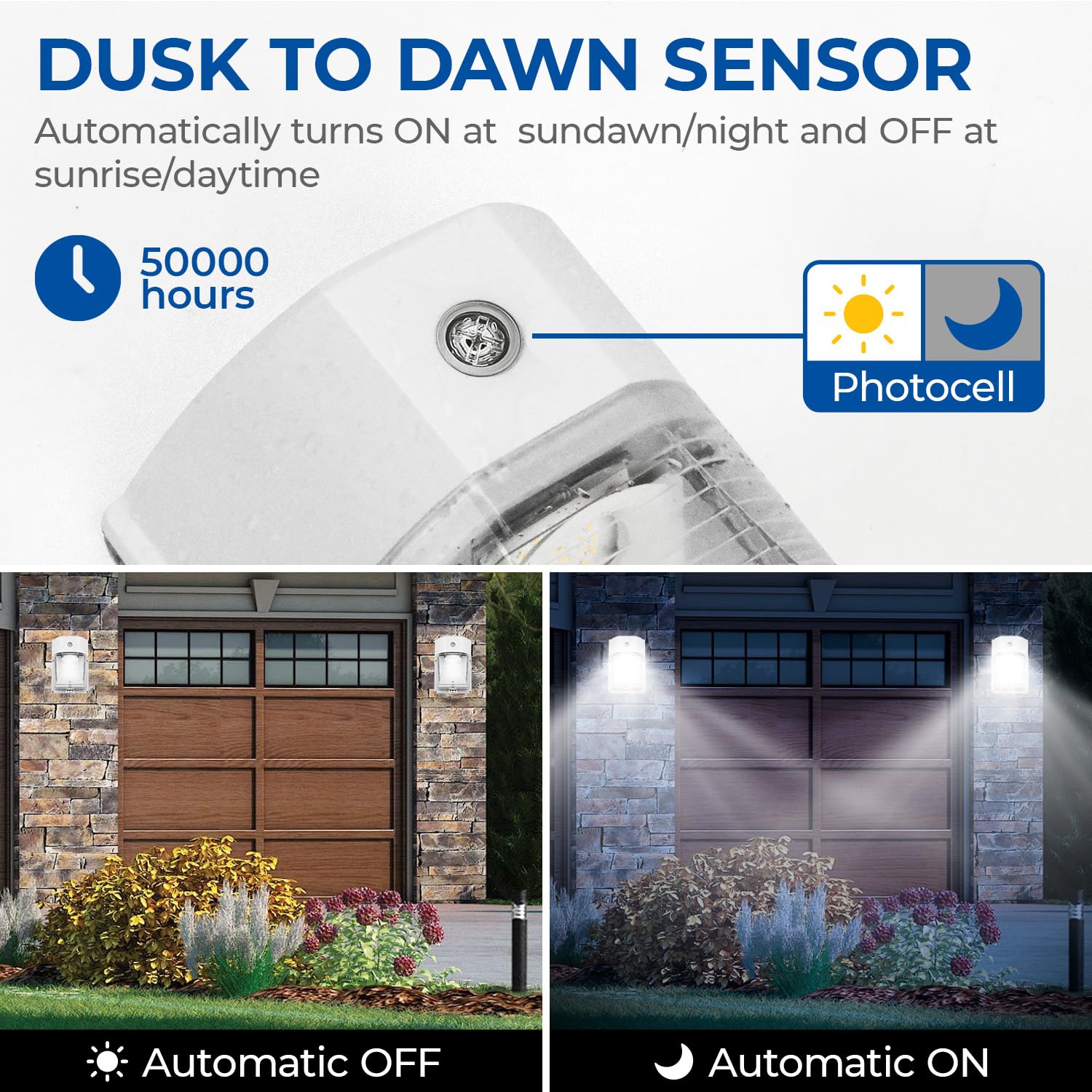 CINOTON 42W LED Barn Light Dusk to Dawn Outdoor Lighting, Black 1 Pack & 26W LED Wall Pack Light with Dusk to Dawn Sensor White 2 Pack