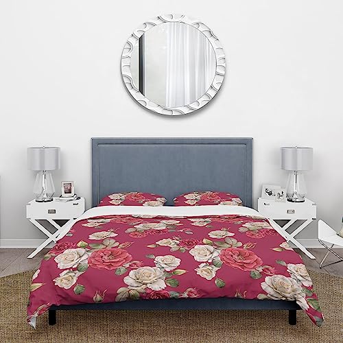 DESIGN ART Designart 'White Roses Pattern On Red Background' Traditional Duvet Cover Set King