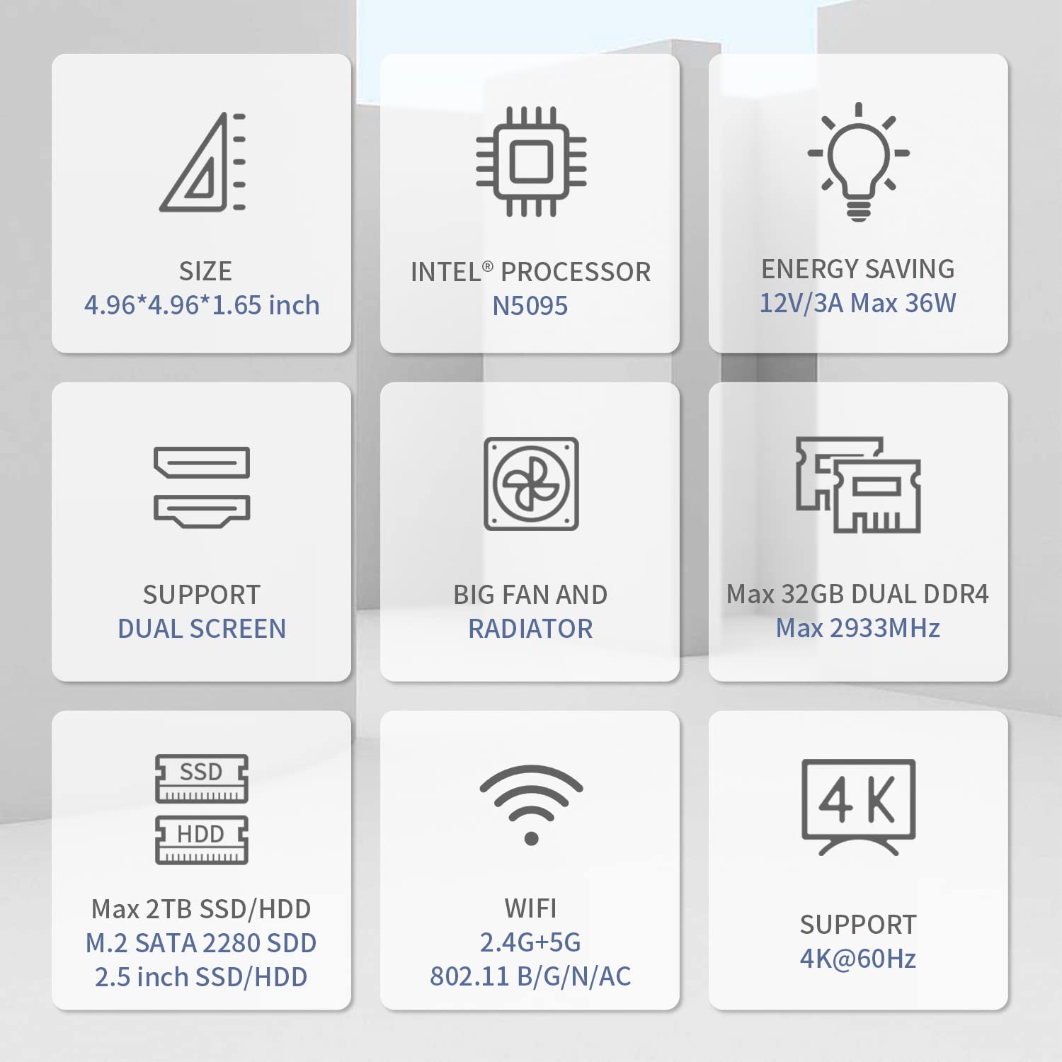 Benss Mini PC, Mini Intel 11th Gen 4 Cores N5095, Mini Desktop Computer 8GB DDR4 RAM 256GB SSD, Small Mini Computer Supports HDMI and DP 4K UHD/Gigabit Ethernet/Dual WiFi/BT/VESA for Home/Office