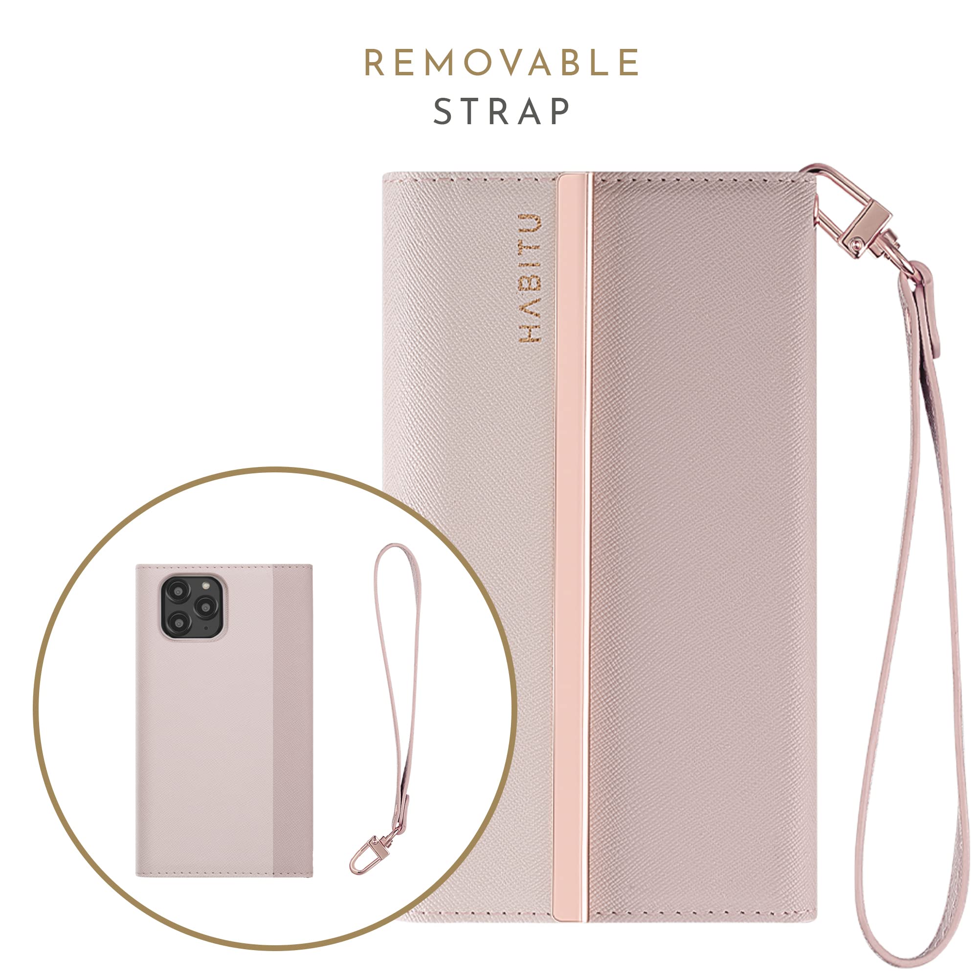 HABITU [Folio Collection 2022] Eris Tri-Fold Pink Wallet Case for iPhone 12/12 Pro, Detachable Vegan Leather Magnetic Folio with Card Pockets, Mirror & Strap for Women, Pink Eris