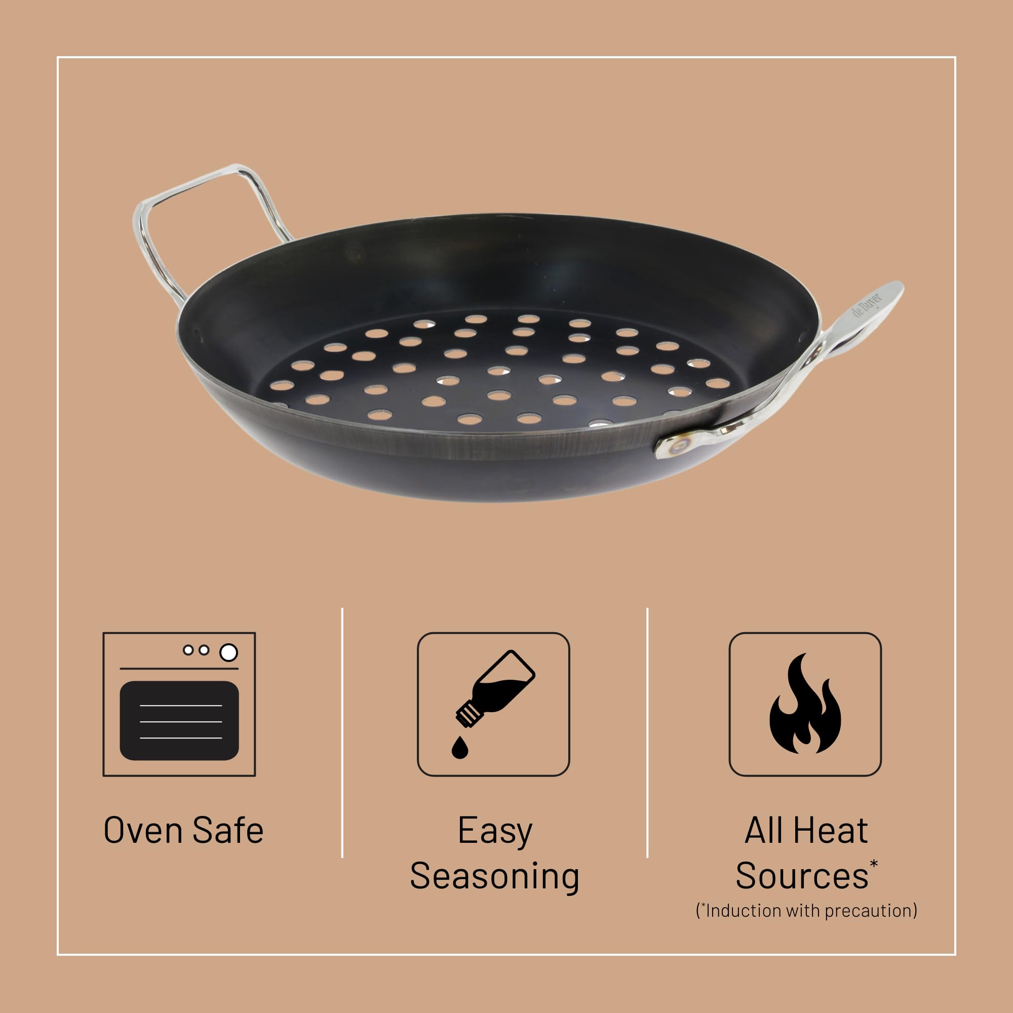 De Buyer Blue Carbon Steel Perforated Outdoor Fry Pan With 2 Handles - 2mm Thick - 11β Diameter, 8.3β Cooking Surface - Oven Safe - Naturally Nonstick - Made in France