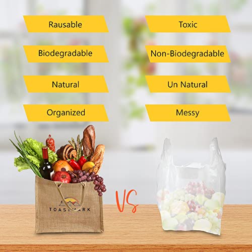 Burlap Bags with Handles - Reusable with Classic style -Waterproof Inner Lining –Pack of 6– 12”x10”x4” - Perfect Jute Bags for Grocery Shopping, Wedding, Beach Halloween Favors