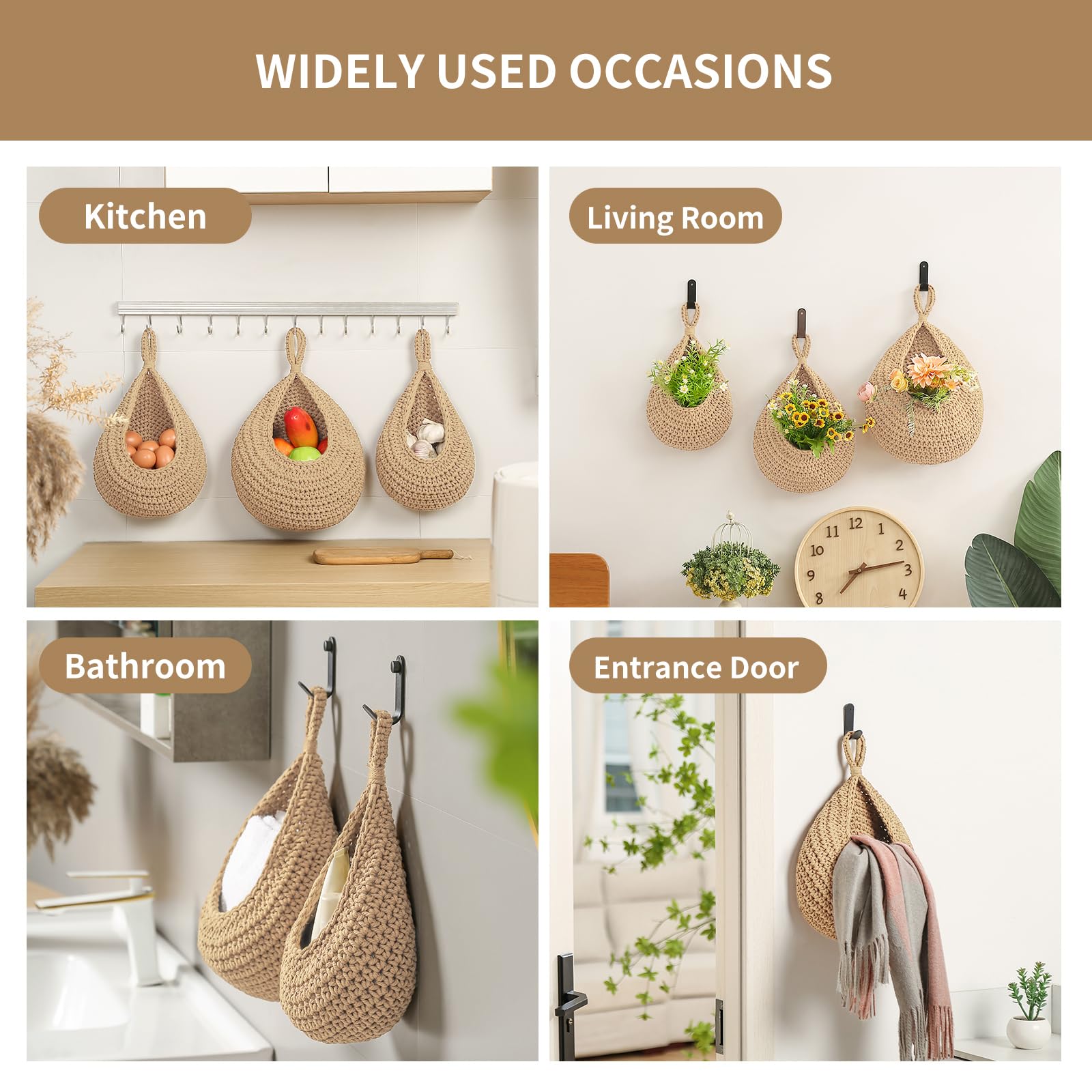 INJORAN Boho Wall Hanging Fruit Baskets for Kitchen 3 Pack Woven Produce Holder with 6 Pcs Strong Hooks Vegetable Hanging Basket for Organizing Teardrop Home Wall Potato Onion Storage, Linen