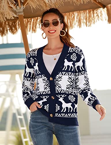 Cowasto Women's Reindeer Knitted Christmas Cardigan Sweater Comfy Button Up Casual Open Front Festive Sweaters Navy Blue X-Large