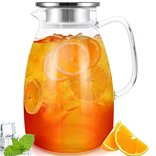 Bunhut Glass Pitcher with Lid,68 oz Water Pitcher for Hot Cold Drinks,Glass Water Pitcher with Insulated Handle,Large Glass Water Jar Made of High Borosilicate Glass,Easy to Clean