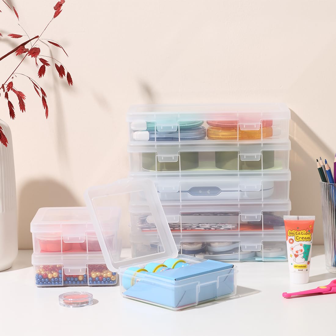 Naivees Multi-size Storage Containers with Latching Lid 3 Pack Small,Medium and Large Plastic Storage Box for Office,Beauty,Clear