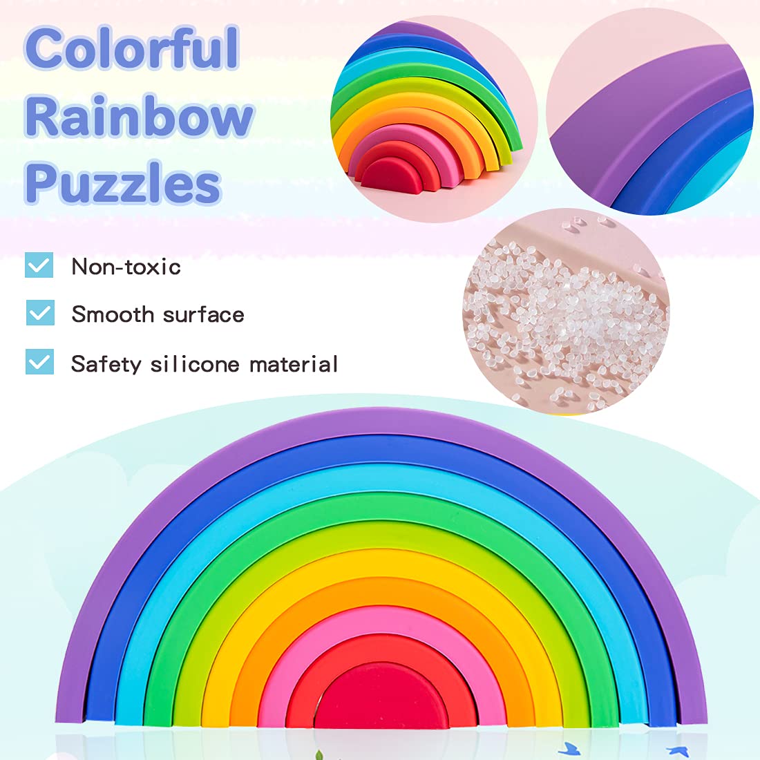 let's make Rainbow Stacking Toy Baby Silicone Stacker Building Blocks Arch Shape Nesting Puzzle Montessori Toy 3 Years Early Development Sensory Toy (6Pcs)