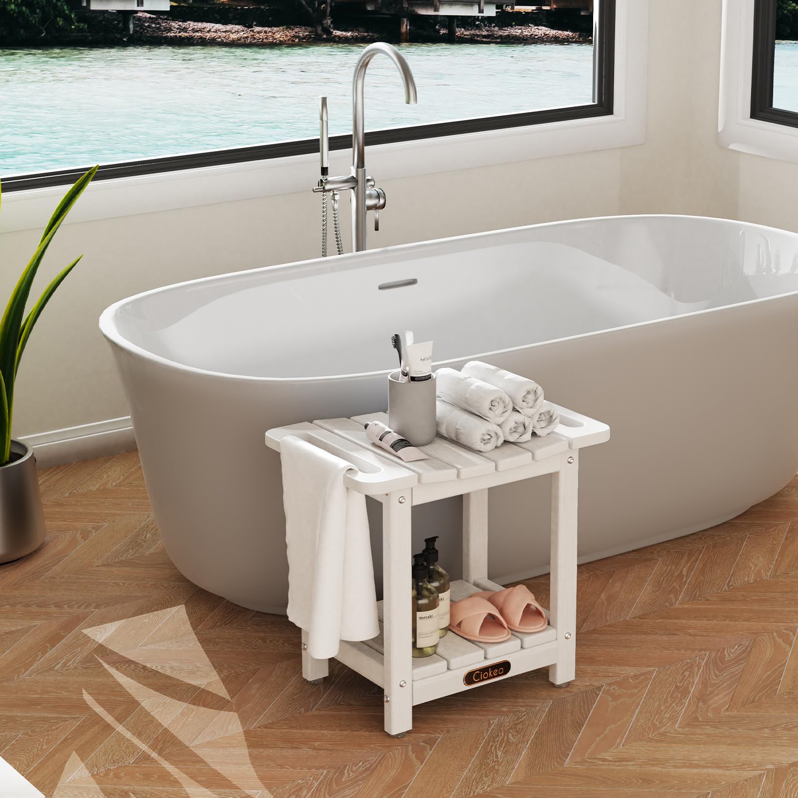 Ciokea Shower Bench for Inside Shower, Waterproof Plastic Shower Stool for Shaving Legs with Storage Shelf, HDPE Shower Bath Tub Benches for Bathroom, Indoor or Outdoor Use