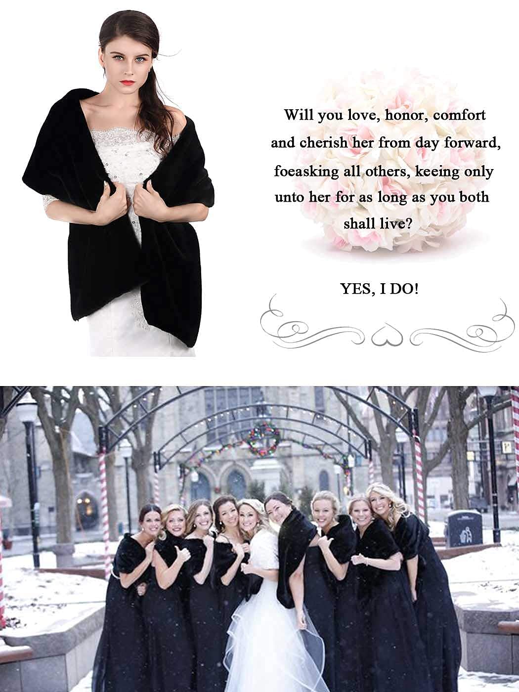 Aukmla Faux Fur Shawl Wedding Fur Wraps and Shawls Bridal Fur Stole Winter Cape Shrug for Brides and Bridesmaids (Black)