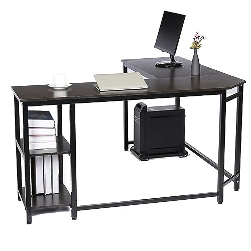 ENGERIO Reversible L Shaped Desk Computer Table with Storage Shelves, Home Office Desk Corner Desk Modern Simple Writing Study Table Gaming Table Workstation with CPU Power Tray Stand (Black)