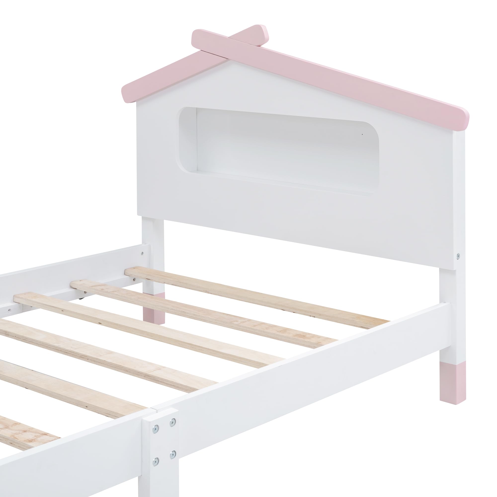 MERITLINE Full Size Bed Frame Wood Platform Bed with House-Shaped Headboard and Motion Activated Night Lights, No Box Spring Needed (White+Pink)