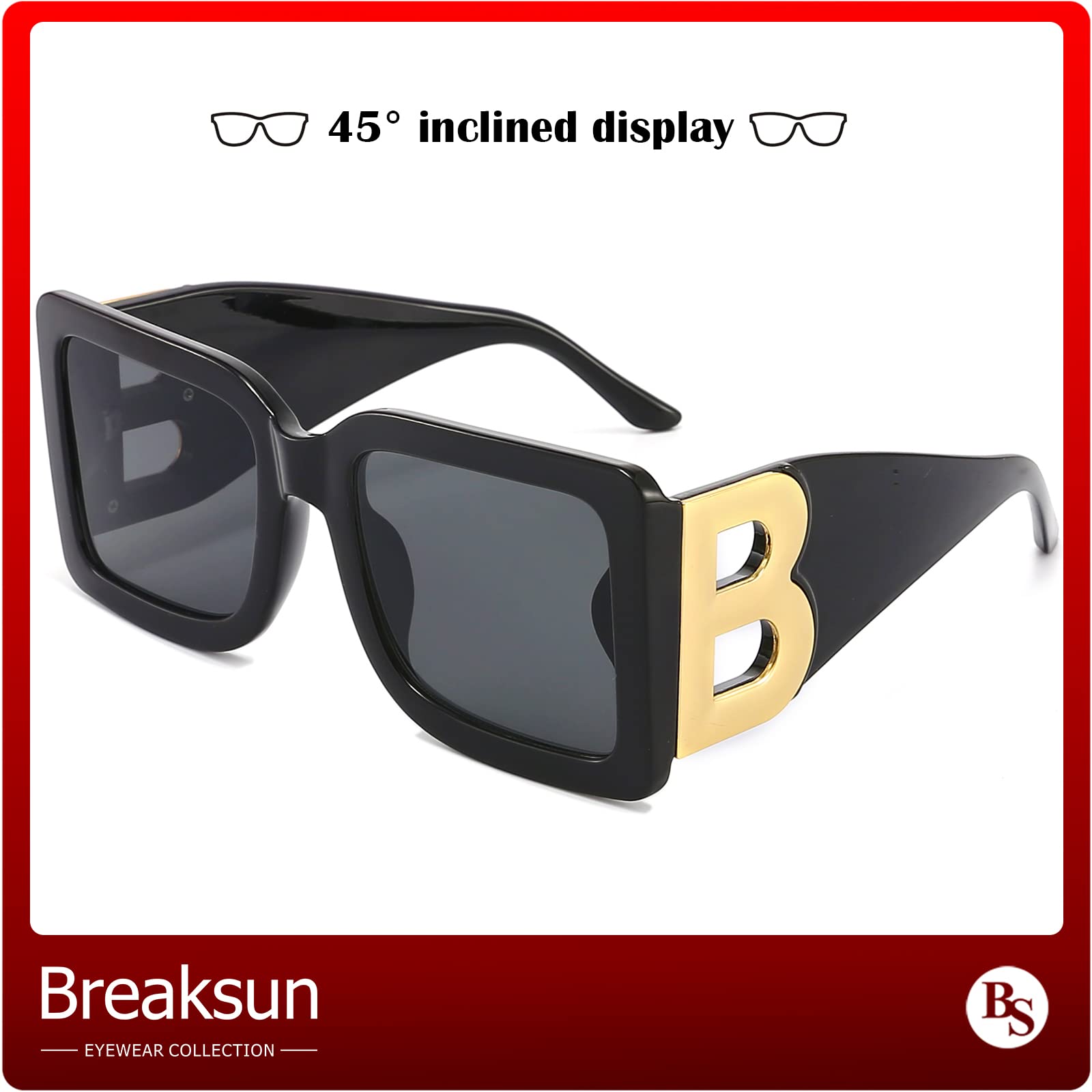 Breaksun Fashion Big Square Sunglasses for Women Men Classic Black Luxury Designer Sun Glasses Thick Frame Gradient Tint (Black/Grey/Gold Character)