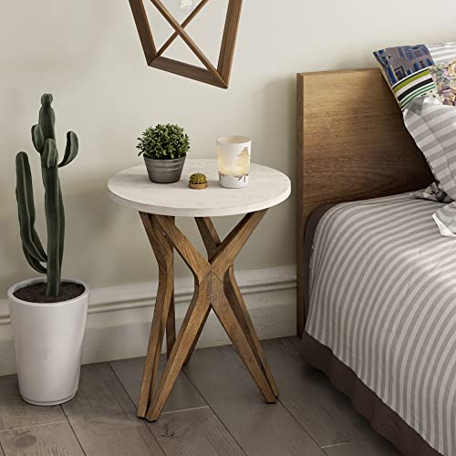 COZAYH Pedestal Farmhouse End Table, Distressed White Top with Tripod Base for Modern Farmhouse, Boho Decor, Round, 20D x 20W x 23.25H in
