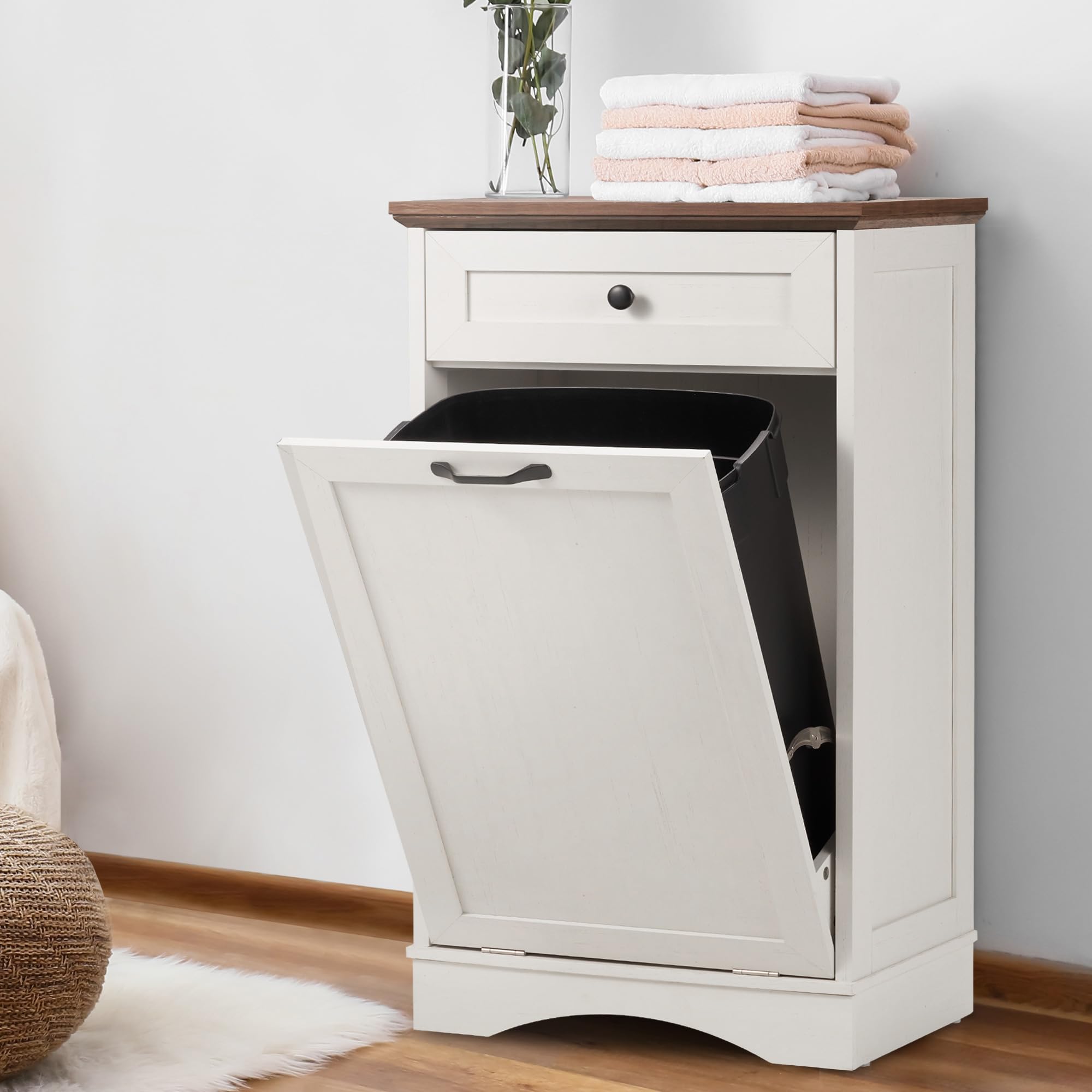 Spurgehom 13 Gallon Tilt Out Trash Cabinet Kitchen Waste Bins, Laundry Hamper Tilt Out Pet Proof Hidden Trash Bin for Kitchen Living Room, Antique White