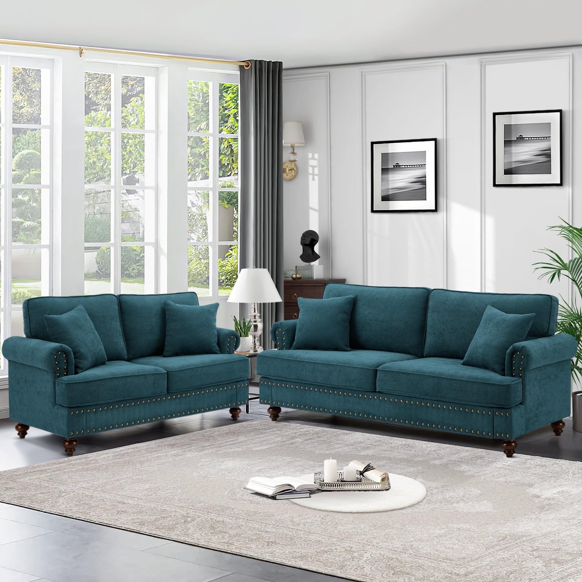 Mid Century Modern Sofa Set, Comfy Chenille Living Room Furniture Sets, Sectional Sofa and Loveseat Set Upholstered Couch Set Nailhead Trim Rolled Arms juegos de muebles de sala (White, 2 Piece)