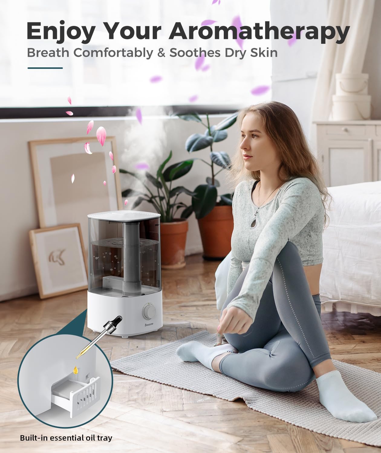 BREEZOME 4L Humidifiers for Bedroom, Essential Oil Diffuser, Top Fill Cool Mist Ultrasonic Humidifiers for Baby, Plants, Nursery, Humidifiers for Large Room Last up to 50 Hours, Quiet Operation