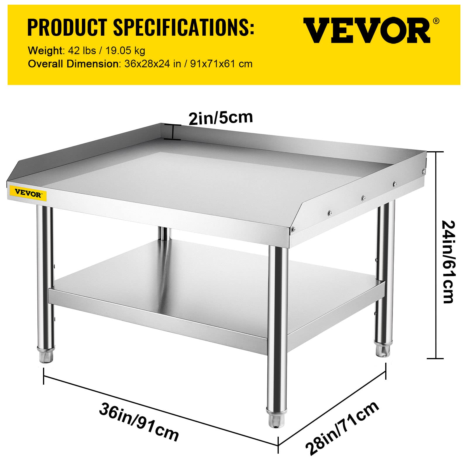 VEVOR Stainless Steel Equipment Grill Stand, 36 x 28 x 24 Inches Stainless Table, Grill Stand Table with Adjustable Storage Undershelf, Equipment Stand Grill Table for Hotel, Home, Restaurant Kitchen